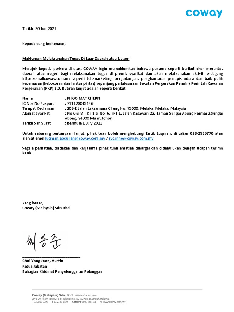 (Movement Letter) FMCO Southern B - Muar | PDF