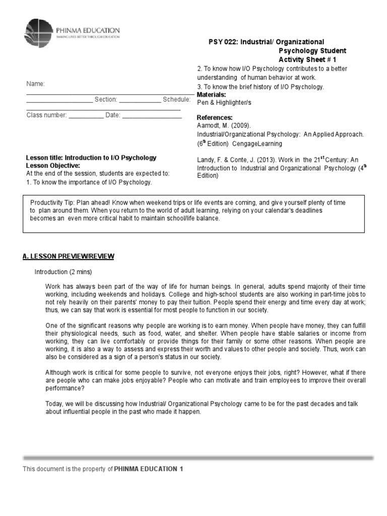 ENCINA - Sas Industrial Psychology Lesson 1 | PDF | Industrial And ...