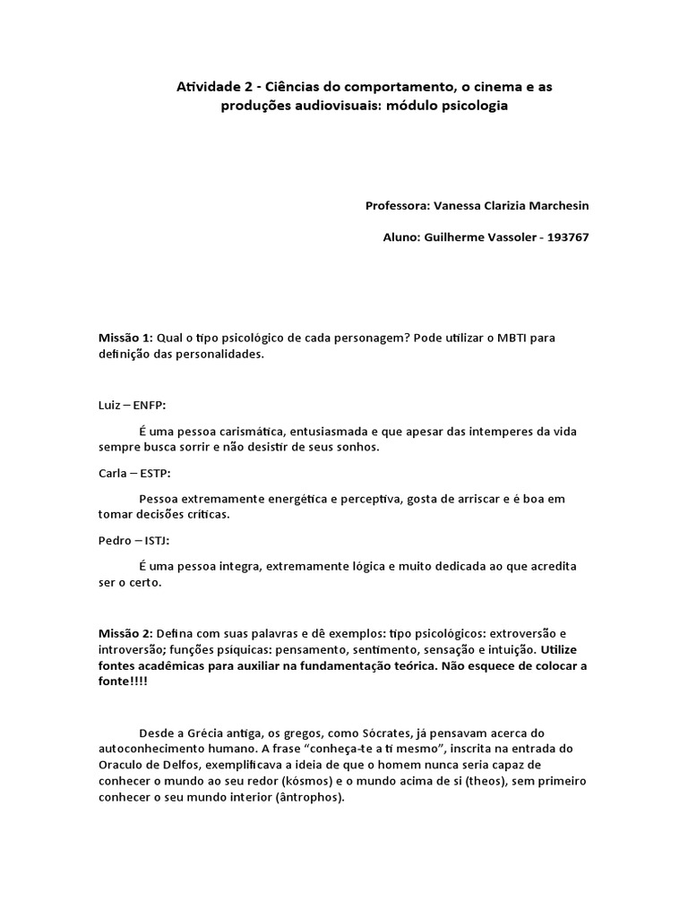 Atividade 2 Psicologia | PDF | Psicologia | Extroversão e introversão