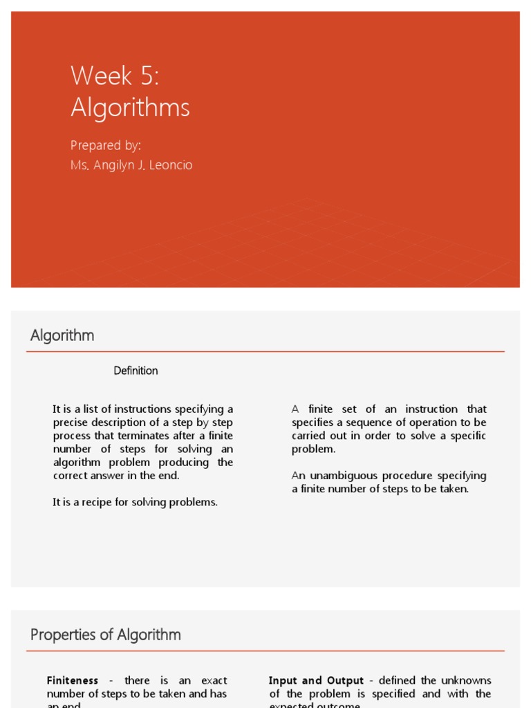 Week 5: Algorithms Prepared by Ms. Angilyn J. Leoncio | PDF | Algorithms | Computer Program
