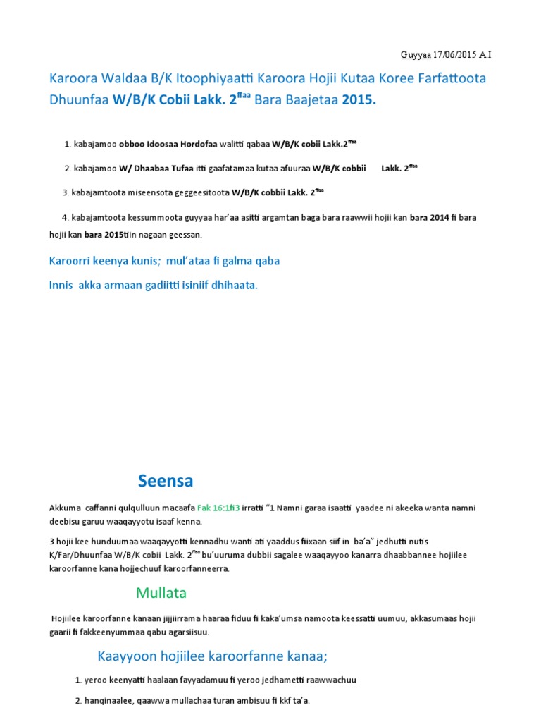 Karoora Waldaa B/K Itoophiyaatti Karoora Hojii Kutaa Koree Farfattoota ...
