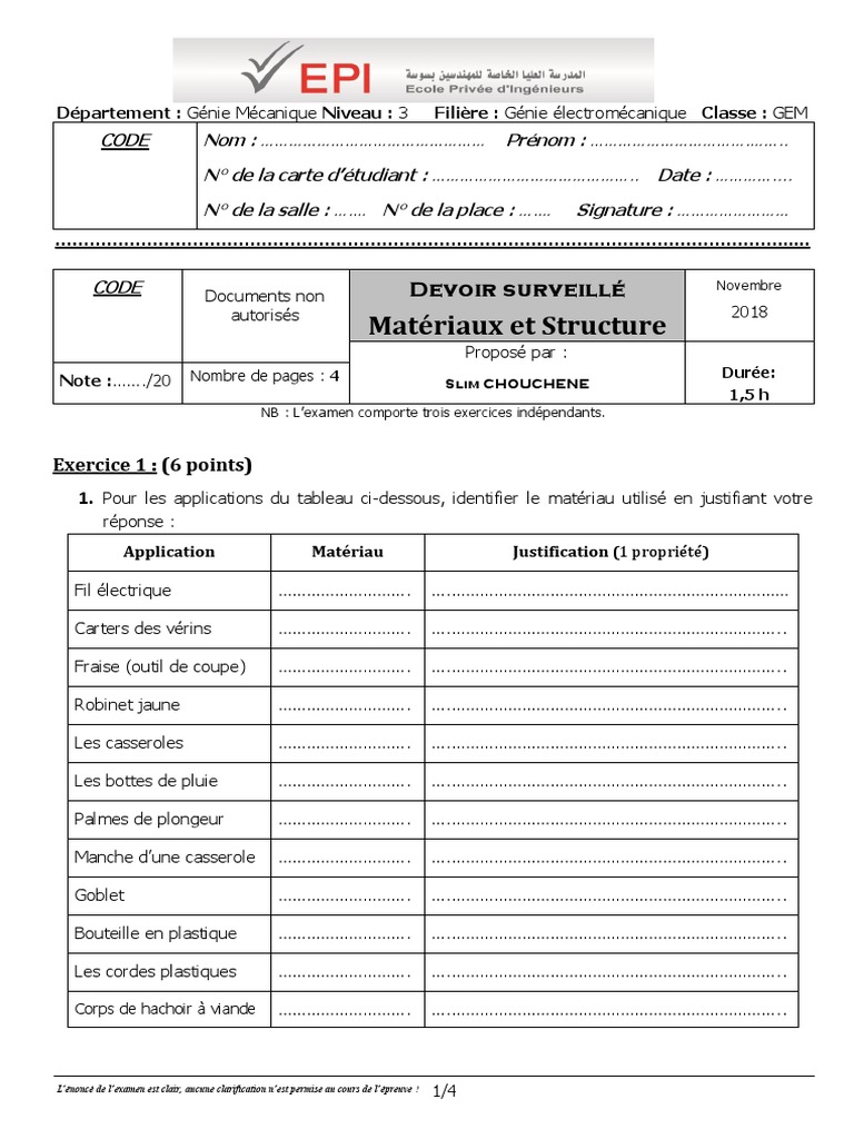 ds1 Matc3a9riaux Et Structures - Cours D - 2018 - s1 | PDF