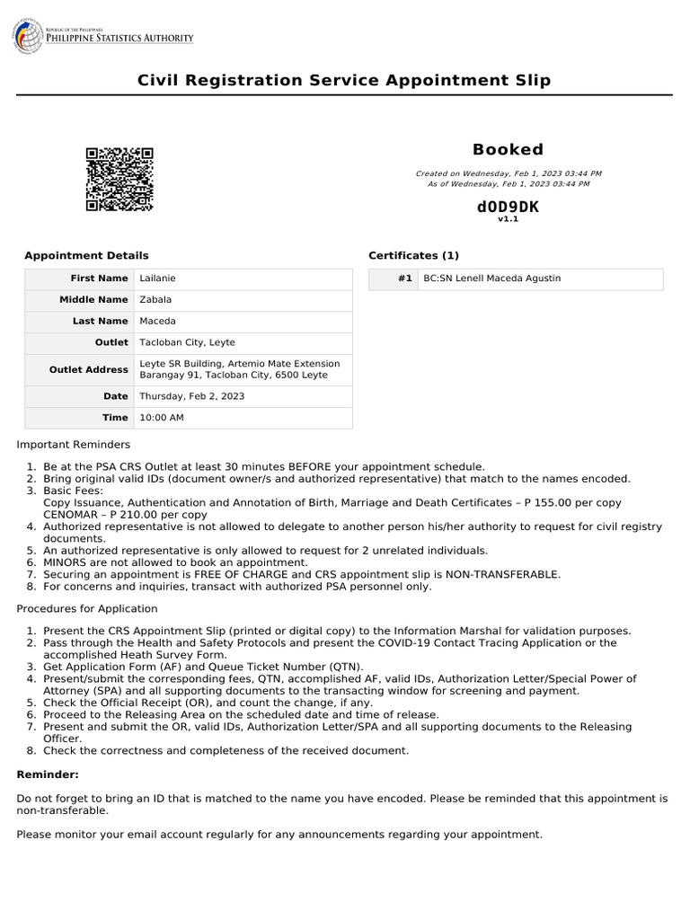 Civil Registration Service Appointment Slip | PDF