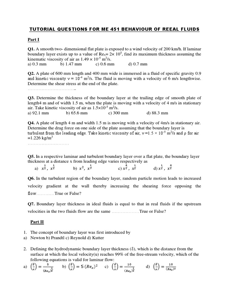 Tutorial Questions For Me 451 Behaviour of Reeal Fluids | PDF | Drag (Physics) | Boundary Layer