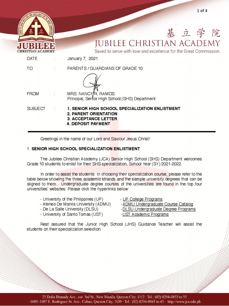 Shs Specialization Enlistment Parent Orientation Acceptance Letter Deposit Payment 1 | PDF ...
