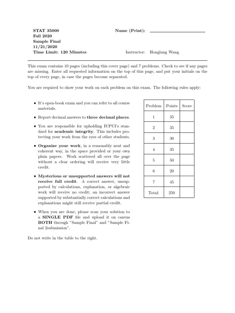 Final Sample Fall2020 | PDF | Statistical Significance | Type I And Type Ii Errors