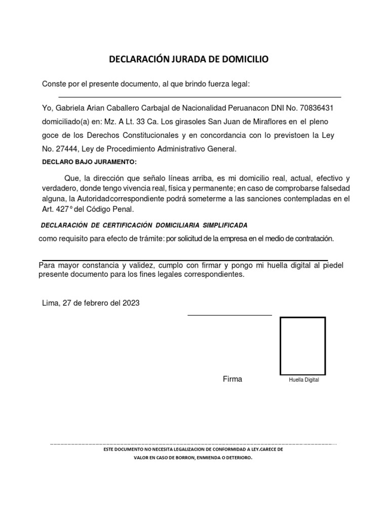 Formato Declaracion Jurada Domicilio PDF | PDF
