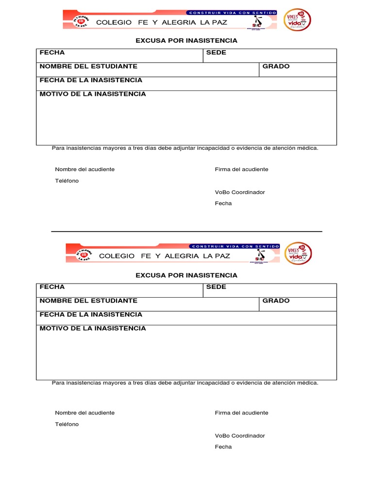Formato de Excusa Escolar por Inasistencia | PDF