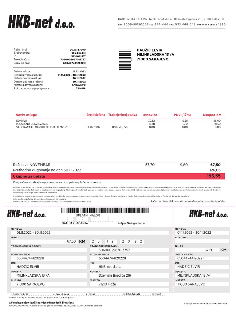 Račun Za TELEMACH Usluge, 11.2022 | PDF