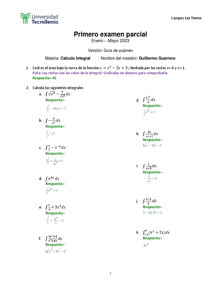 Guía Examen P1 2023 Con Respuestas | PDF | Integral | Derivado