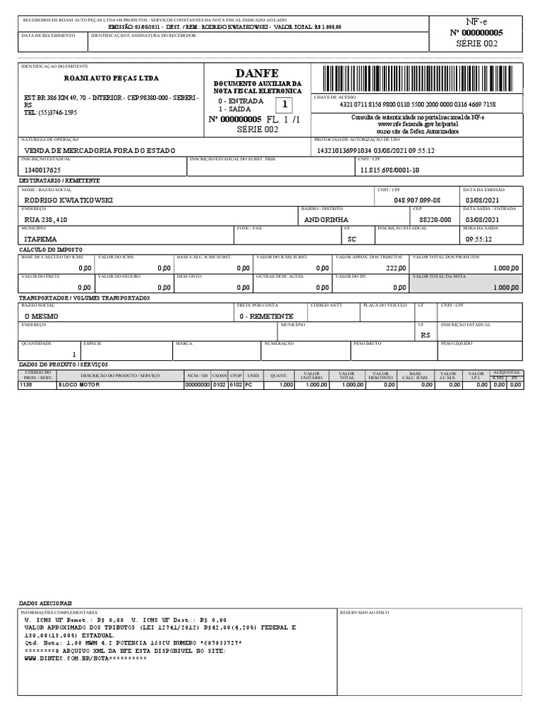 Recebimento de bloco motor e nota fiscal de venda entre empresas de ...