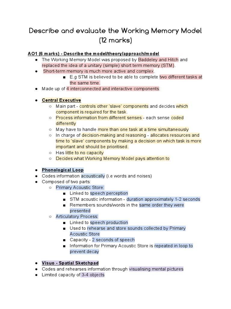 Describe and Evaluate The Working Memory Model | PDF | Cognition ...