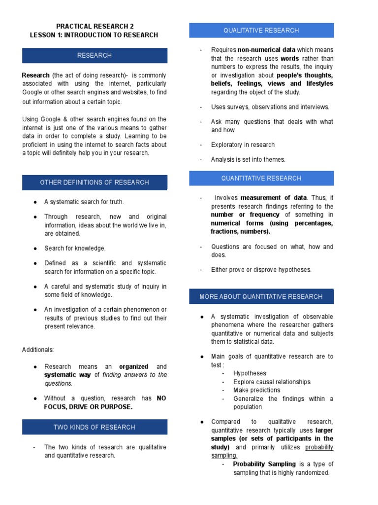 Practical Research 2 - Lesson 1 | PDF | Quantitative Research | Statistics