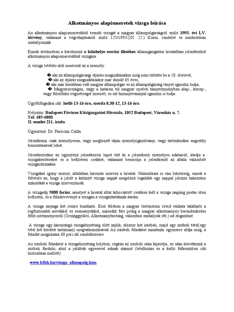 Honositashoz Alkotmanyos Alapismeretek Vizsga Leirasa | PDF