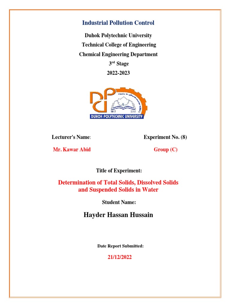 Determination of Total Solids, Dissolved Solids (TSD) | PDF | Water ...