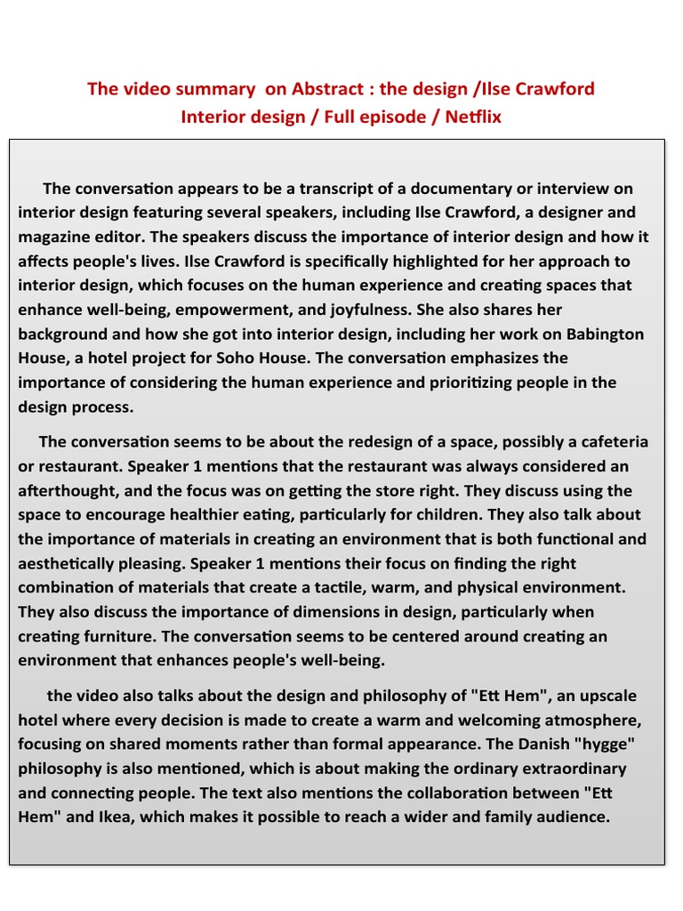 The Video Summary On Abstract | PDF | Interior Design | Experience