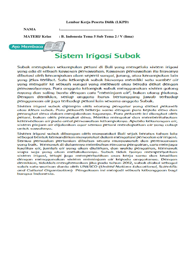 LKPD Irigasi Subak Kls 5 | PDF