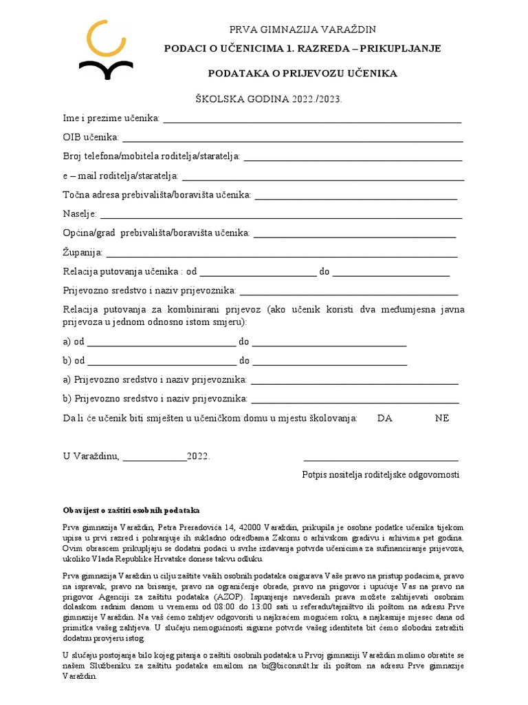 Obrazac Za Prijevoz | PDF