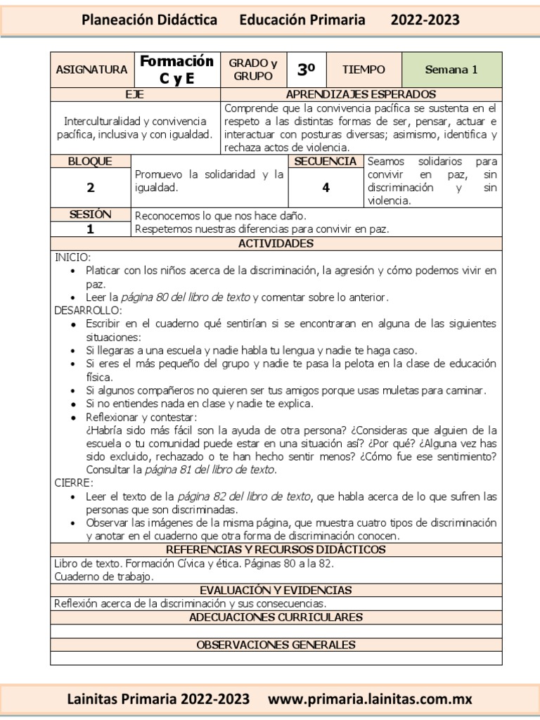 Marzo - 3er Grado Formación C y E (2022-2023) | PDF | Educación primaria | Discriminación