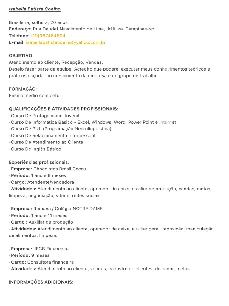 Currículo de Isabella Batista Coelho | PDF