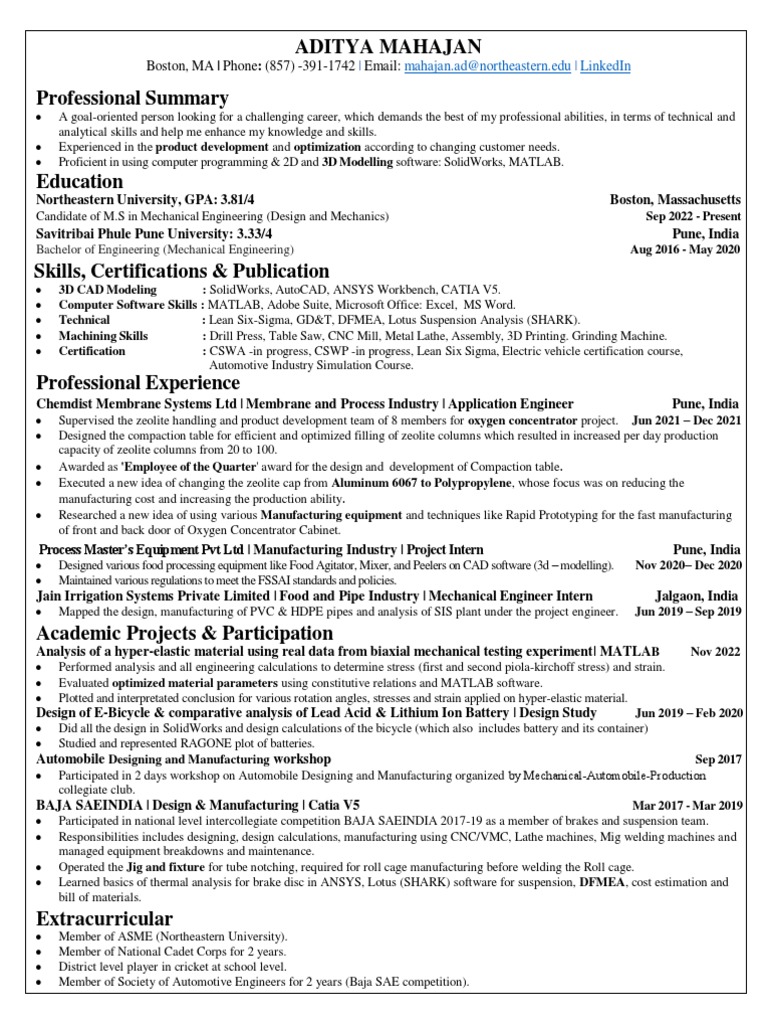 Resume - Aditya Mahajan (20!12!22) | PDF | Engineering | Mechanical Engineering