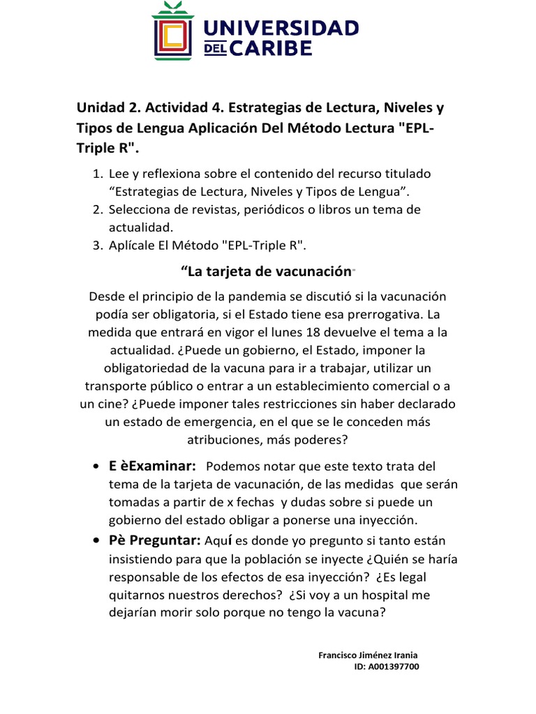 Unidad 2 Actividad 4 Estrategias de Lectura, Niveles y Tipos de Lengua Aplicación Del Método ...