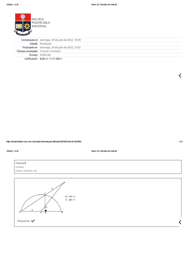 Deber 22 - Revisión Del Intento | PDF | Geometría Elemental | Geometría analítica