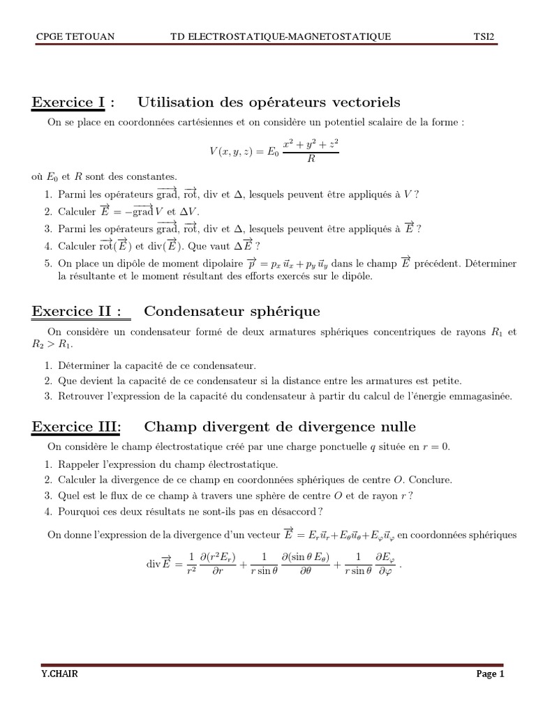 Exercice I: Utilisation Des Opérateurs Vectoriels: Y.Chair | PDF ...