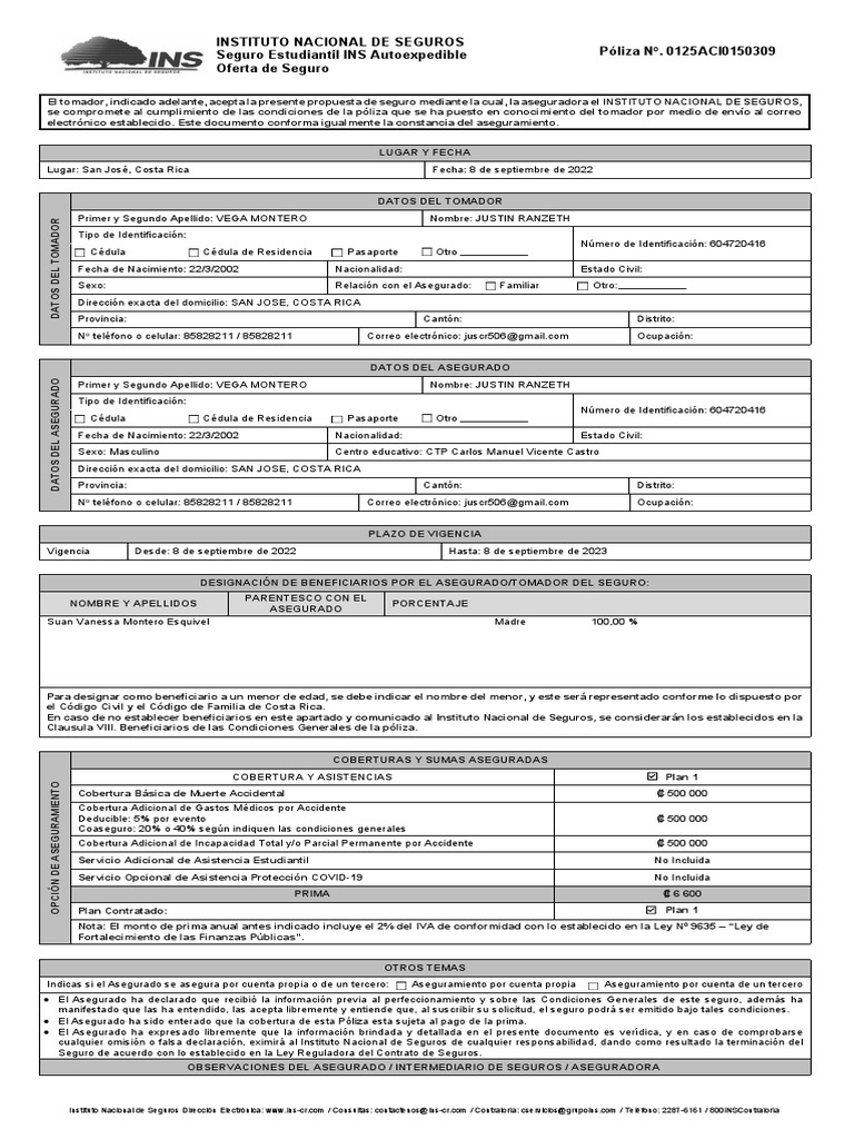 Instituto Nacional de Seguros Seguro Estudiantil INS Autoexpedible ...