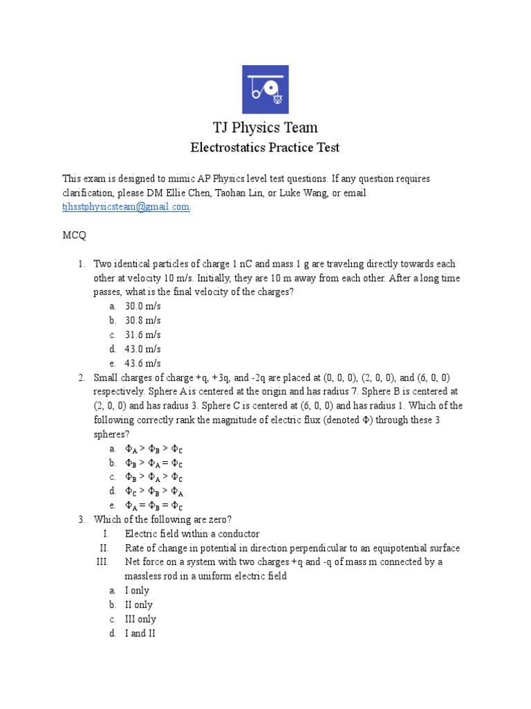 Electrostatics Test Prep - Mock Test - 22-23 | PDF | Electric Field | Flux