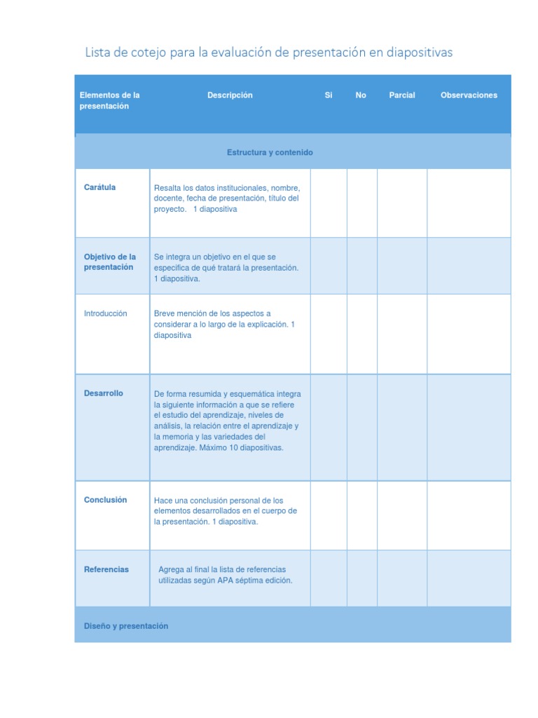 Lista de Cotejo para La Evaluación de Presentación en Diapositivas | PDF