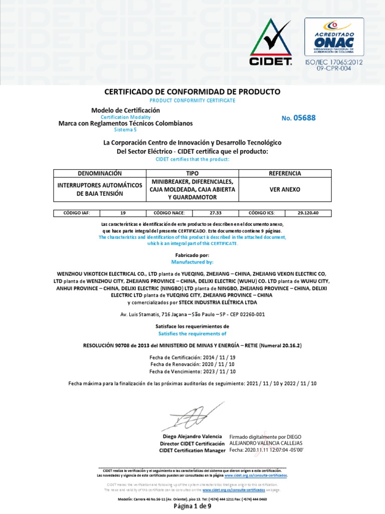 Steck Certificado Breakers y Diferencial | PDF | Acústica | Metrología