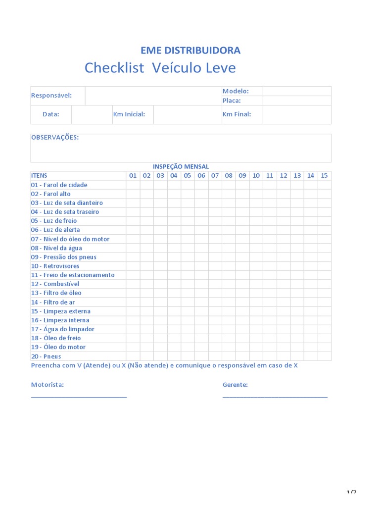 Checklist Mensal de Veículo Leve | PDF