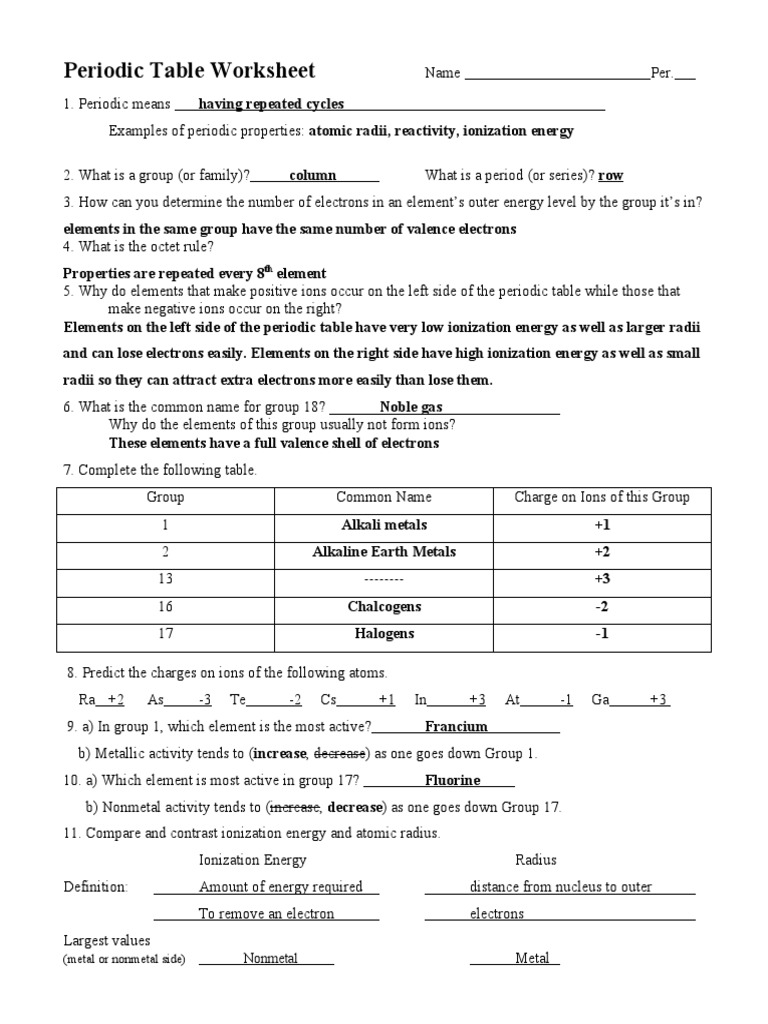 Extra Periodic Table Worksheet 2 Key | PDF | Ion | Periodic Table
