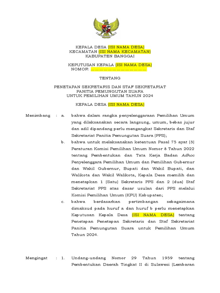 Format SK Kepala Desa TTG Penetapan Sekretariat PPS | PDF