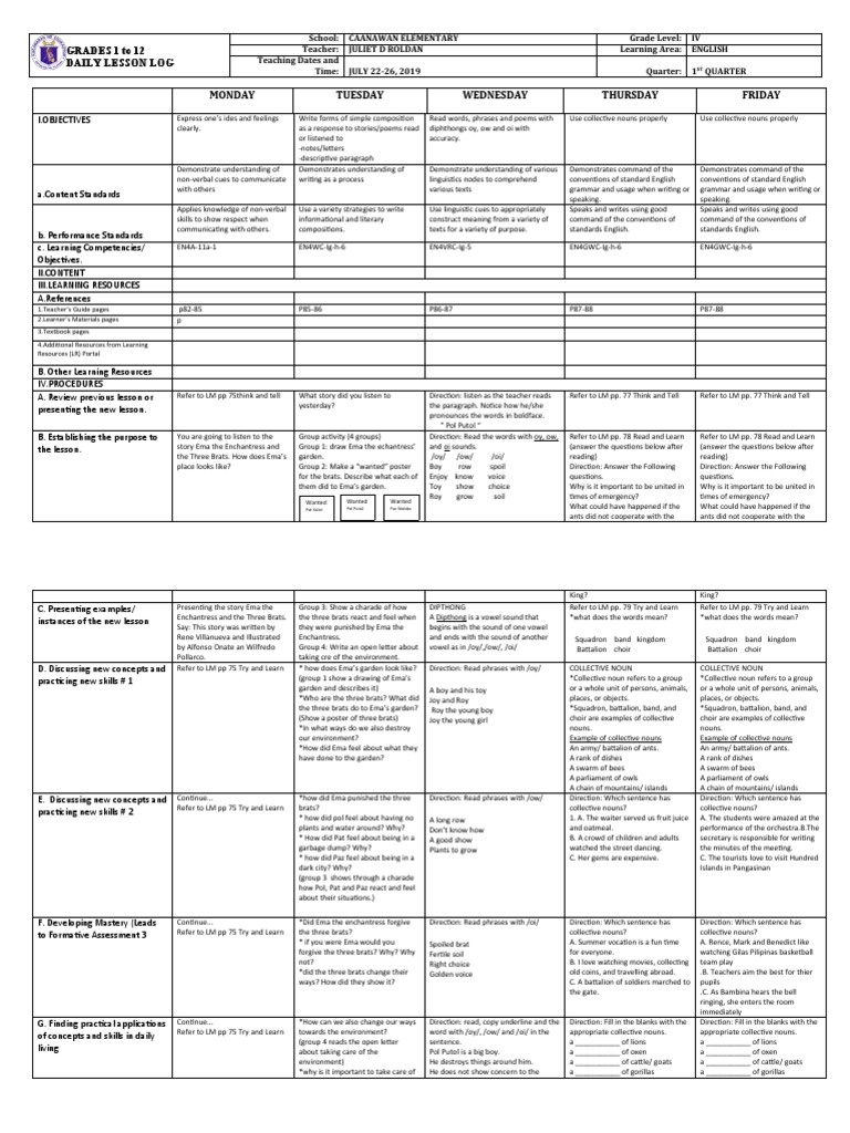 DLL - English 4 - Q1 - W8 | PDF | English Language | Learning