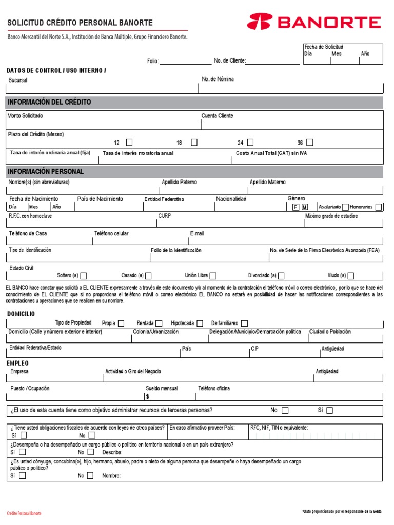 Banorte Credito Personal Solicitud | PDF | Bancos | Dinero