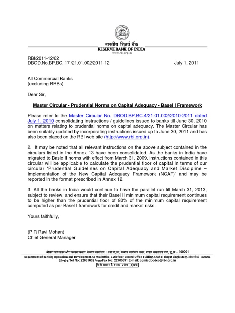 Master Circular - Prudential Norms On Capital Adequacy - Basel I ...