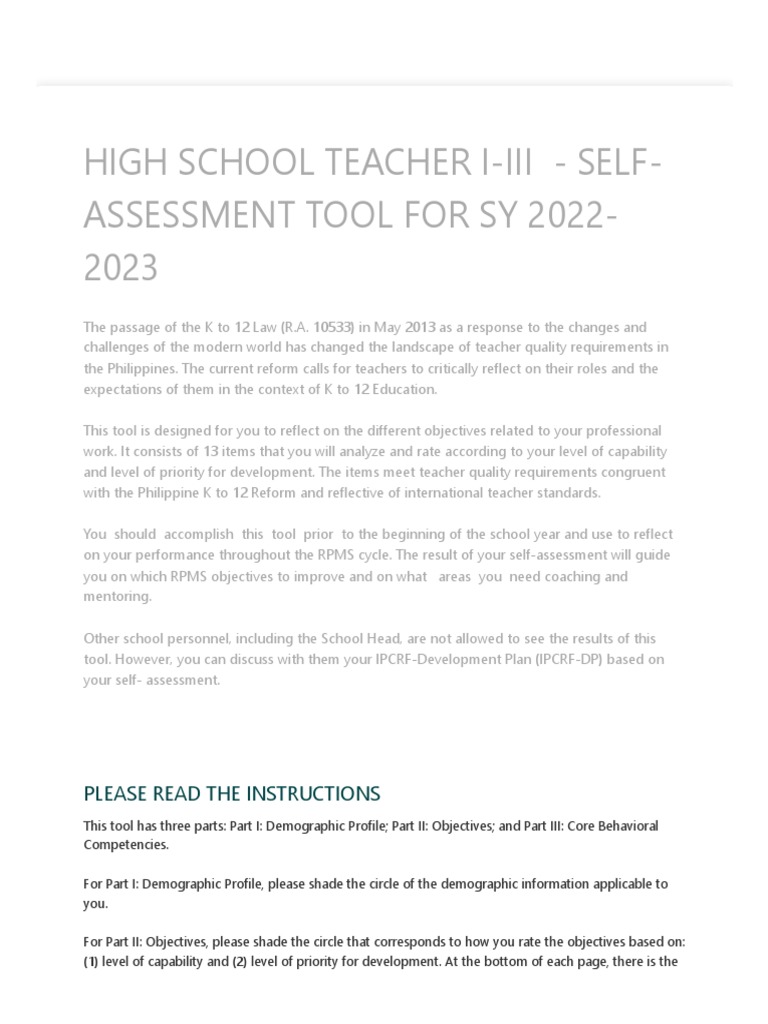 Teacher Self-Assessment Tool SY 2022-2023 | PDF | Learning | Curriculum