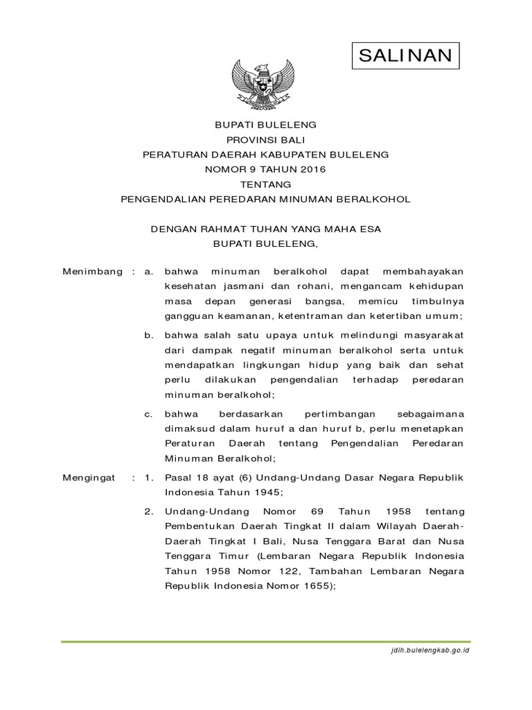 PERDA 9 Tahun 2016 PENGENDALIAN PEREDARAN MINUMAN BERALKOHOL | PDF
