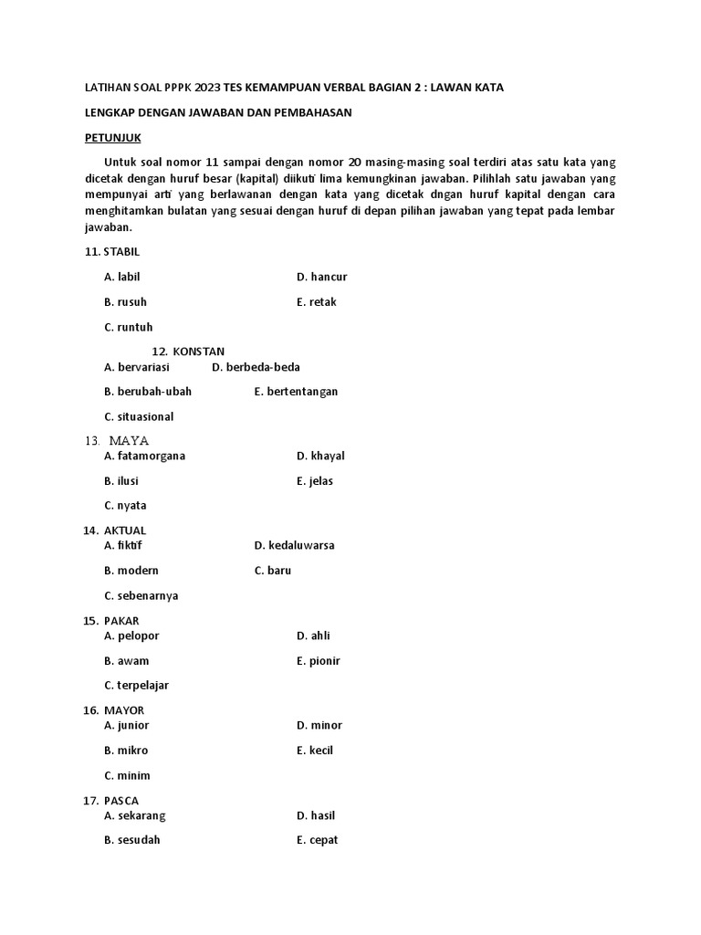 Latihan Soal PPPK 2023 Tes Kemampuan Verbal Bagian 2 Lawan Kata | PDF