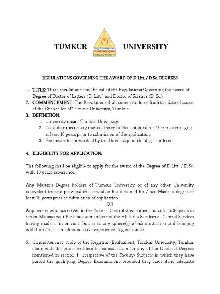 DLitt - DSC - Regulations - Tumkur University | PDF | Thesis | Academic ...
