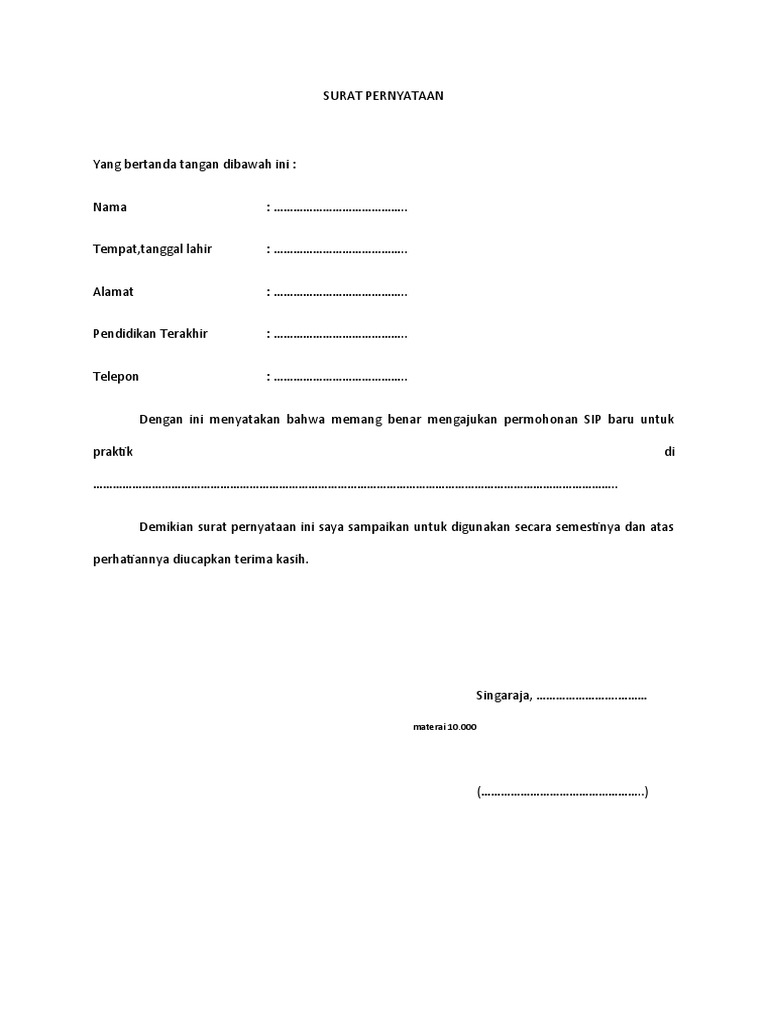 Surat Pernyataan Pengajuan SIP Baru | PDF