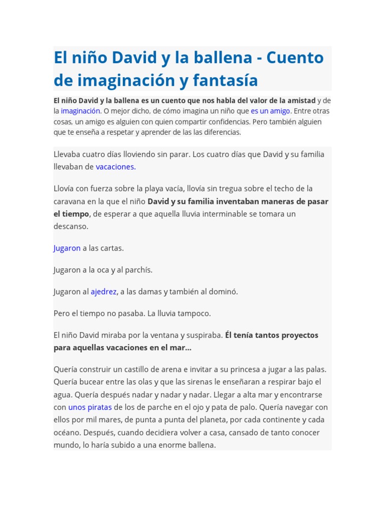 Cuento El Niño David y La Ballena | PDF