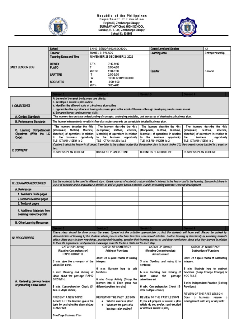 q2 Week 4 Dll-Entrep | PDF | Educational Assessment | Business Plan