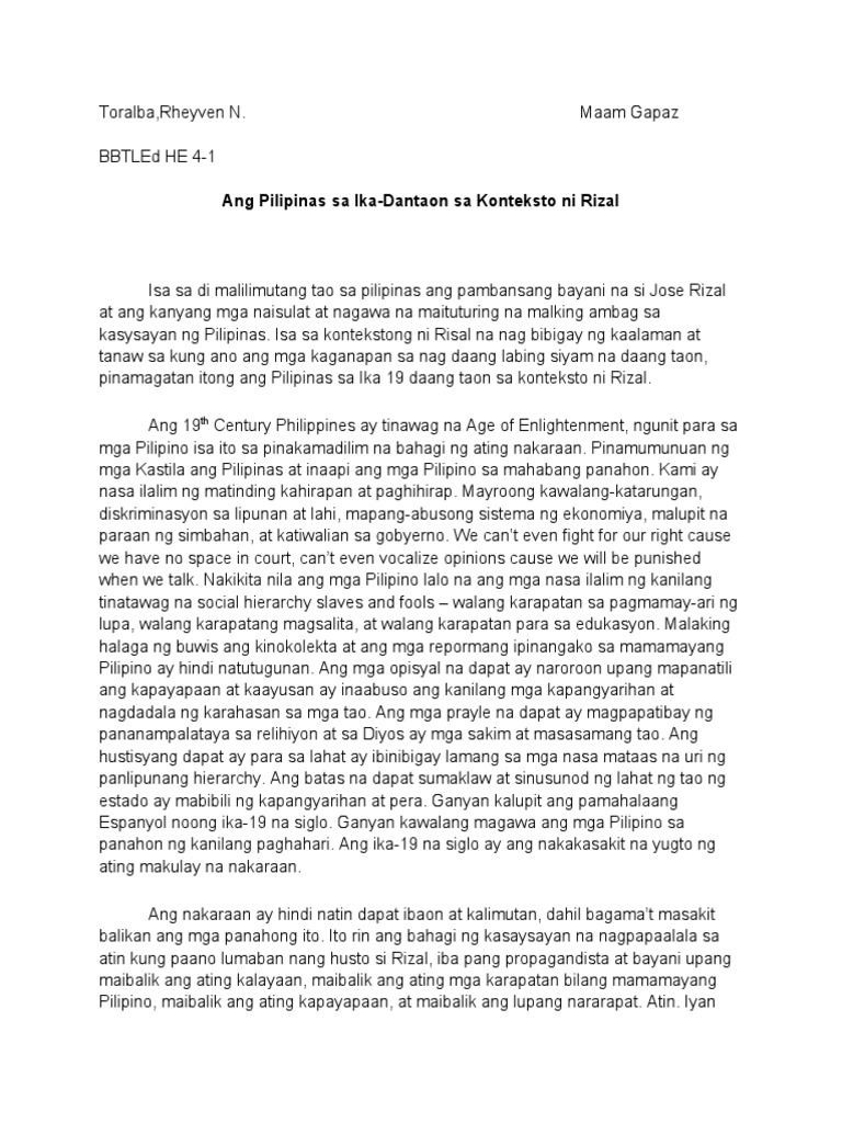 Reflection Paper - Ang Pilipinas Sa Ika-Dantaon Sa Konteksto Ni Rizal | PDF