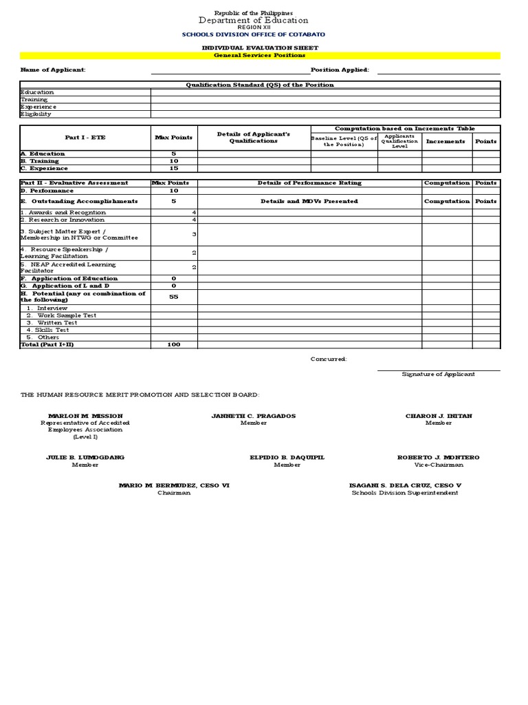 DepEd Individual Evaluation Sheet 2024 | PDF