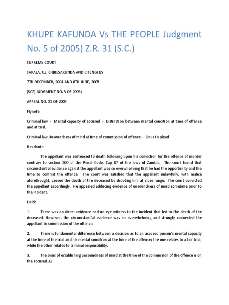 KAFUNDA Vs THE PEOPLE Supreme Court Judgment on Mental Capacity | PDF ...