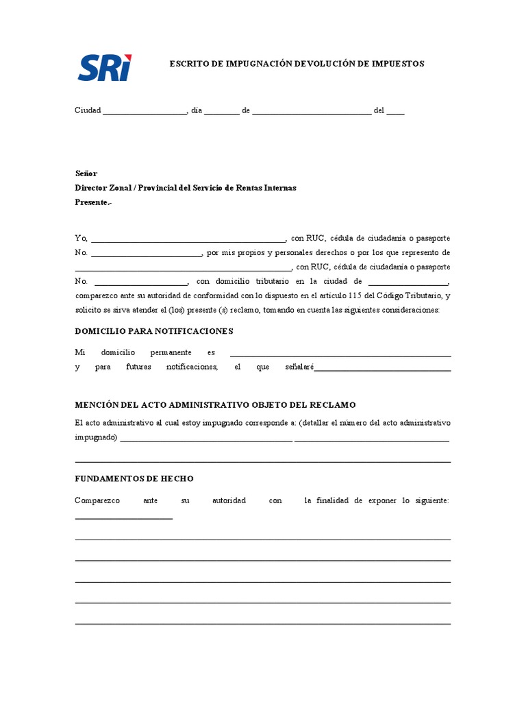 Formato Reclamos Impugaci N Devoluci N de Impuestos | PDF | Justicia | Crimen y violencia