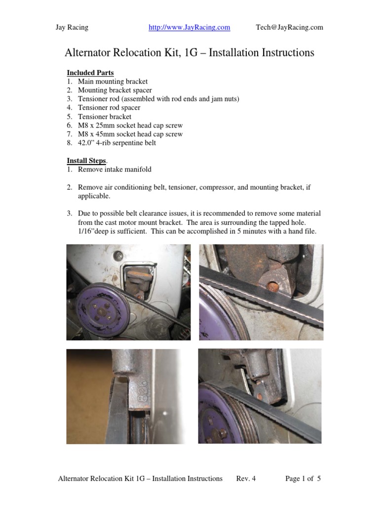 Jay Racing Alternator Relocation Kit 1g Installation Instructions
